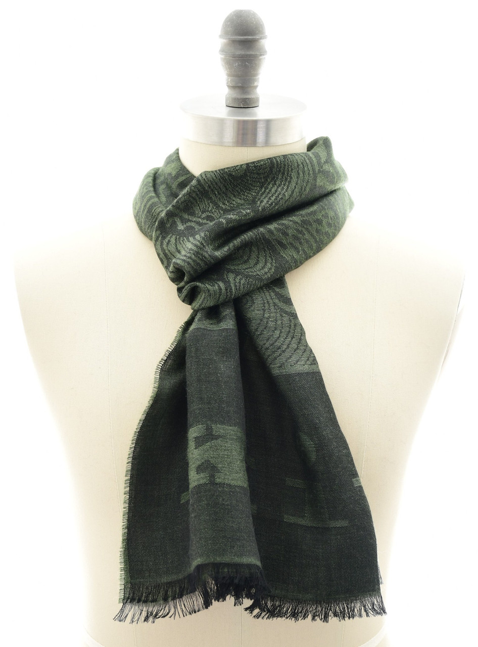 Kiton Scarf Cashmere Wool Silk Green Paisley