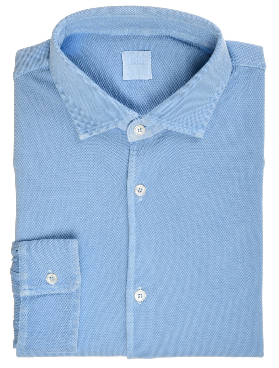 Fedeli Polo Neck Shirt 'Steve' Long Sleeve Cotton Piquet Light Blue