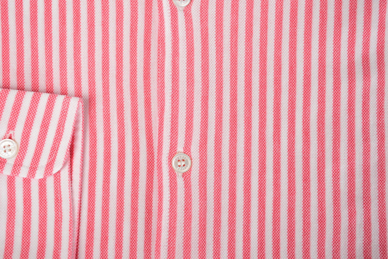 Fedeli Polo Neck Shirt 'Steve' Long Sleeve Cotton Pique Pink Stripe