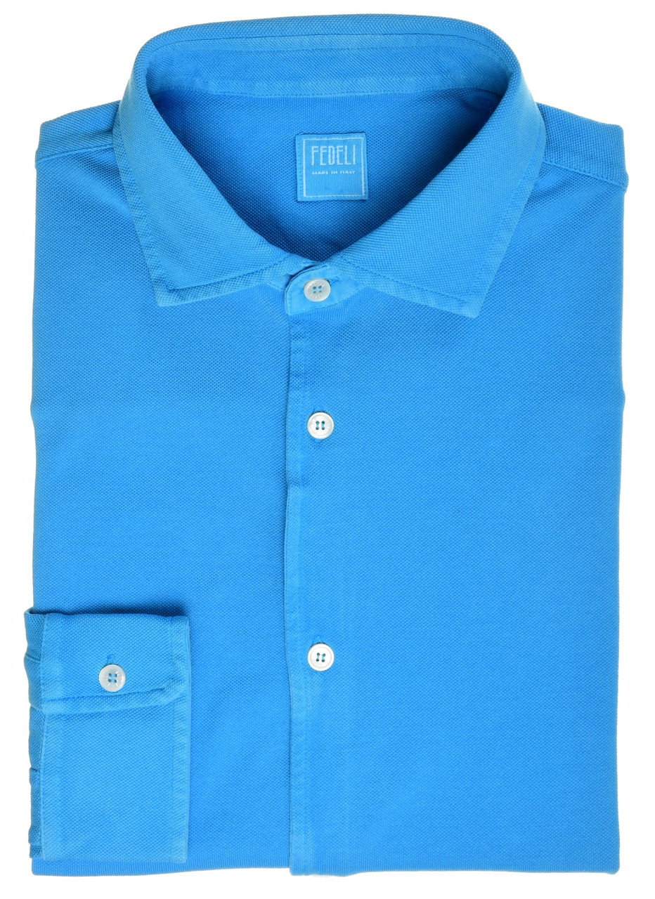 Fedeli Polo Neck Shirt 'Steve' Long Sleeve Cotton Pique Aqua Blue