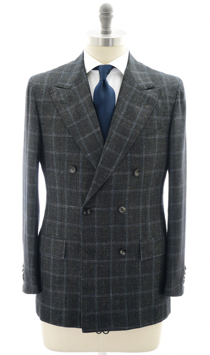 Kiton Suit Cashmere Silk Linen Green Blue Windowpane