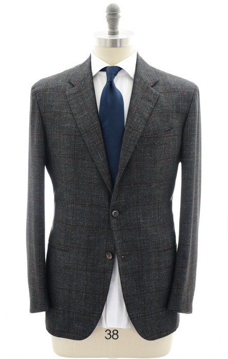 Kiton Suit Cashmere Silk Linen Gray Brown Windowpane