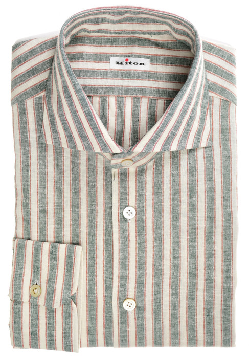 Kiton Shirt Linen Stretch Green Red Stripe