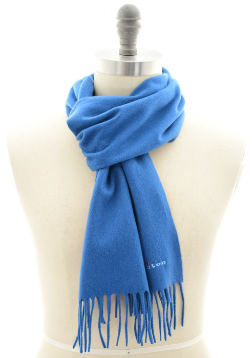 Kiton Scarf Cashmere Blue Logo Embroidery