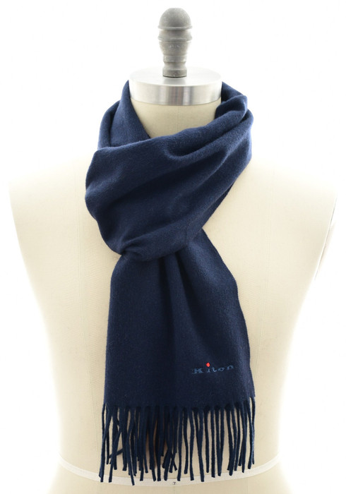 Kiton Scarf Cashmere Dark Blue Logo Embroidery