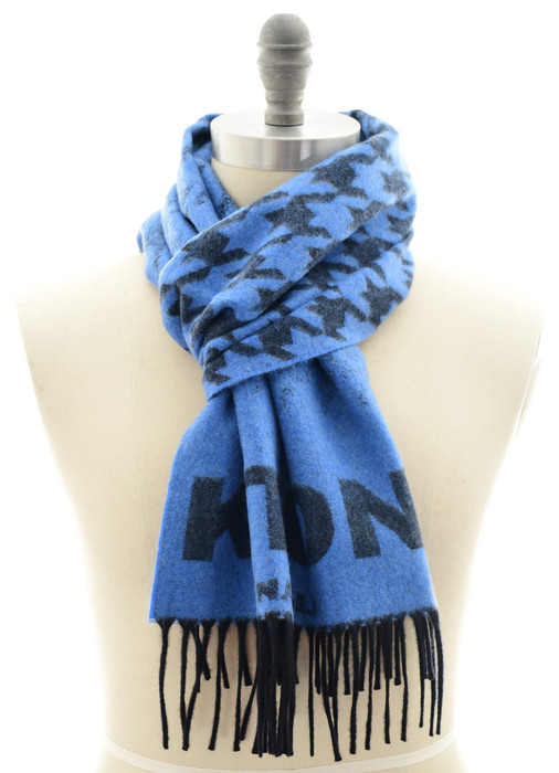 Kiton Scarf Cashmere Blue Gray Houndstooth Check With Woven Logo