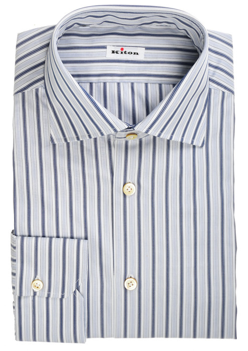 Kiton Collection Shirt Cotton Blue White Stripe