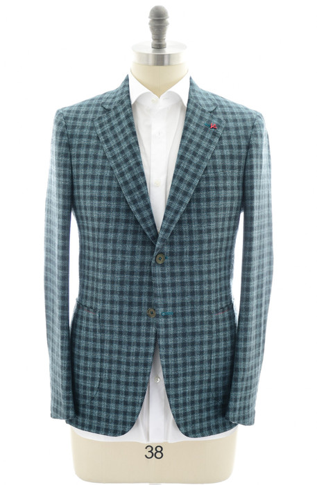 Isaia Sport Coat Jacket Blazer "Capri" Wool Silk Aqua Blue Check