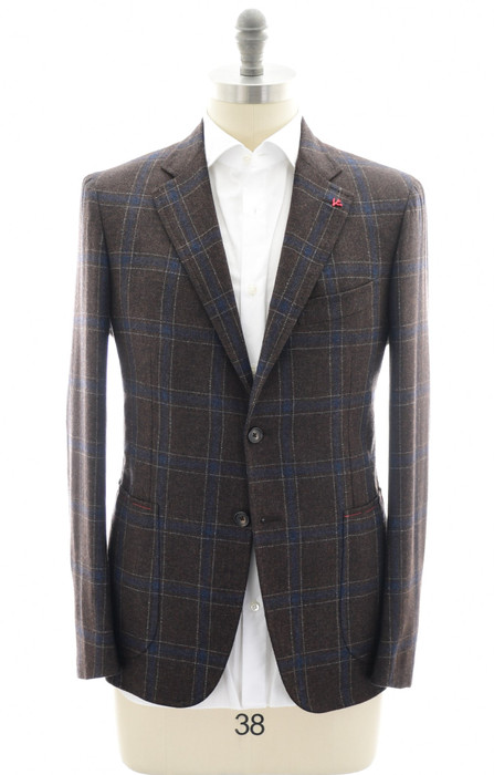 Isaia Sport Coat Jacket Blazer Wool Cashmere Brown Blue Windowpane