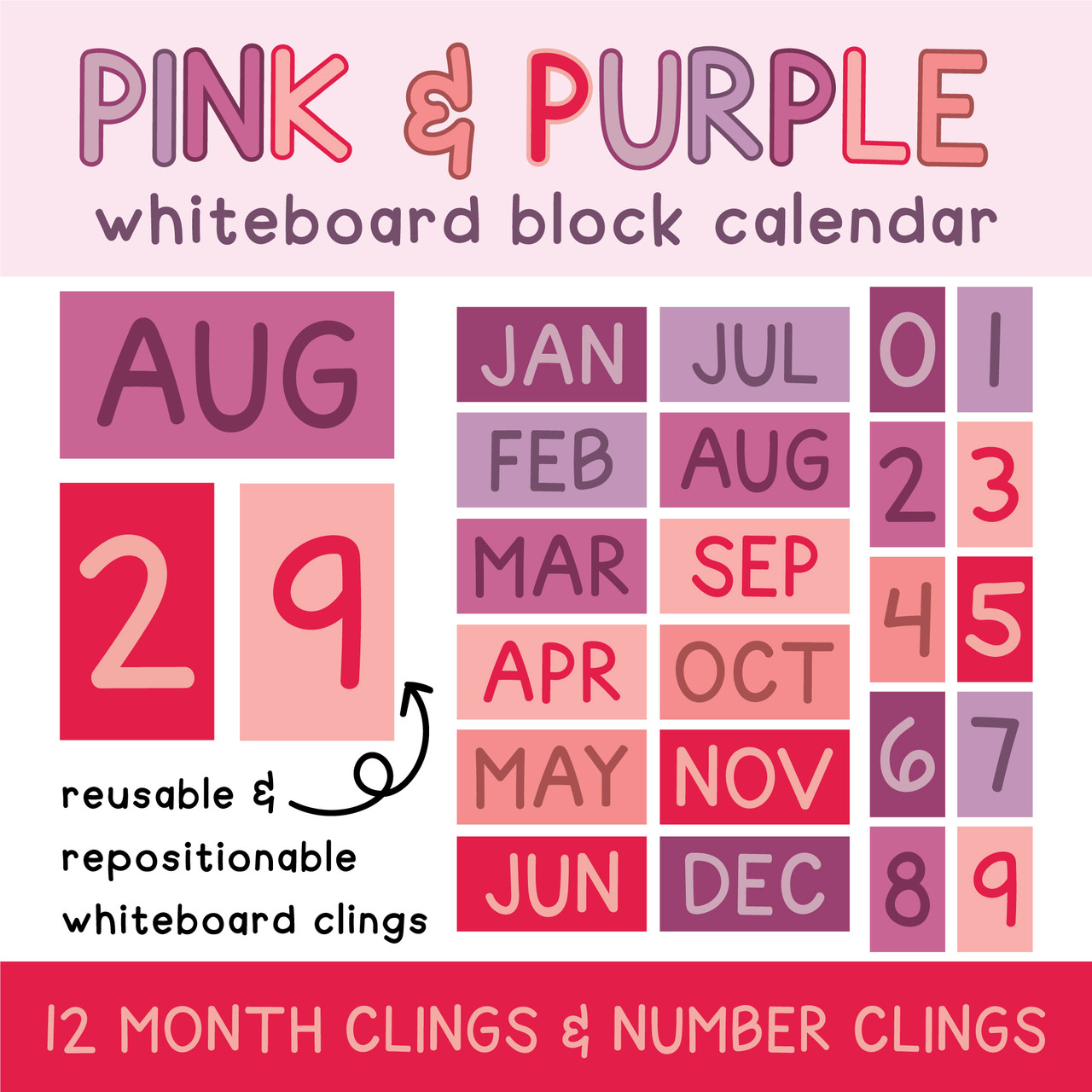 Pink and Purple Block Calendar Whiteboard Cling Set