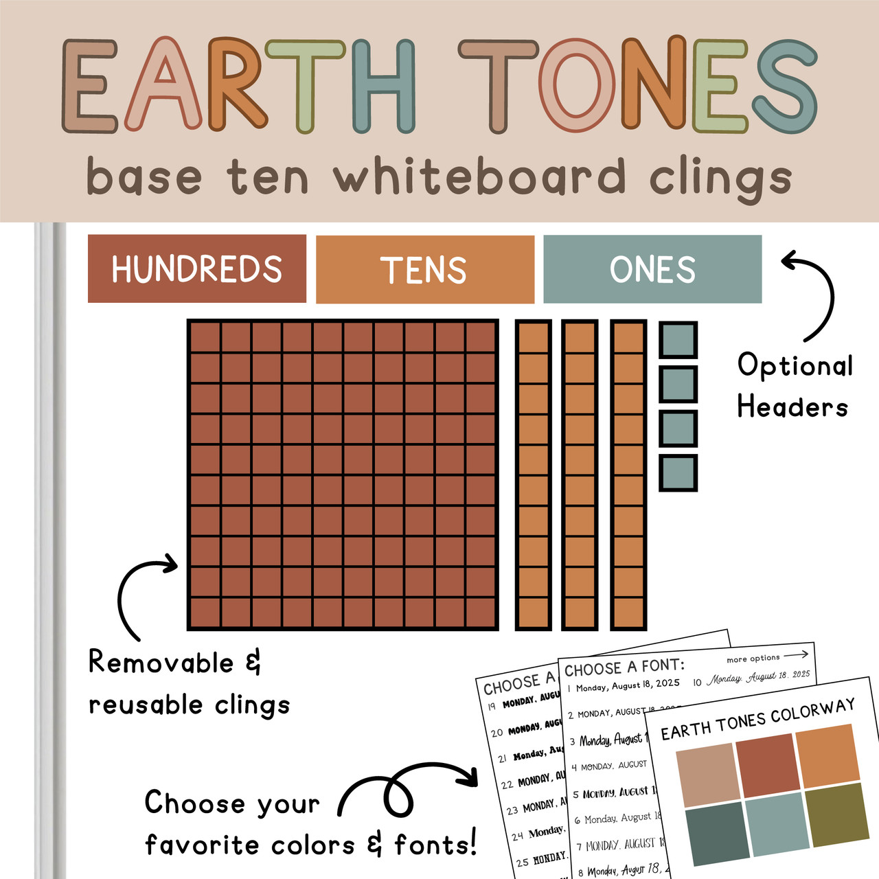 Earth Tones Base 10 Whiteboard Cling Set