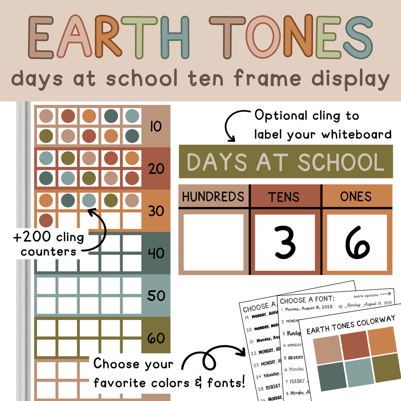 Earth Tones Days at School Ten Frame Whiteboard Clings + Counters ...