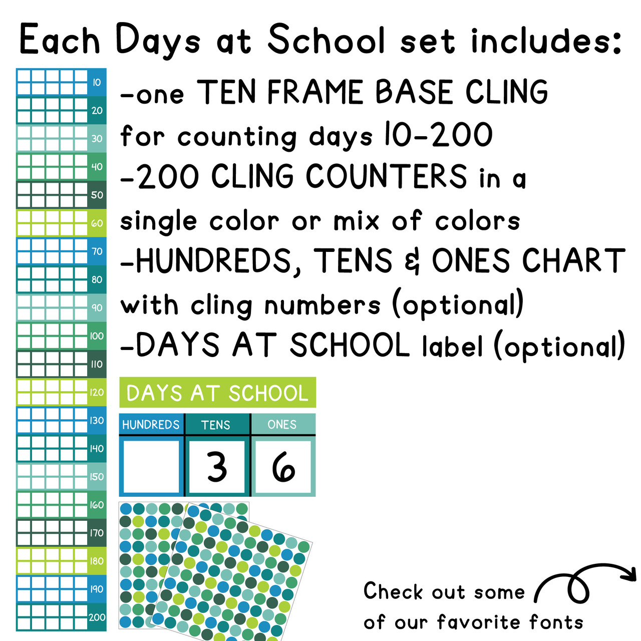 Blue and Green Days at School Ten Frame Whiteboard Clings + Counters ...