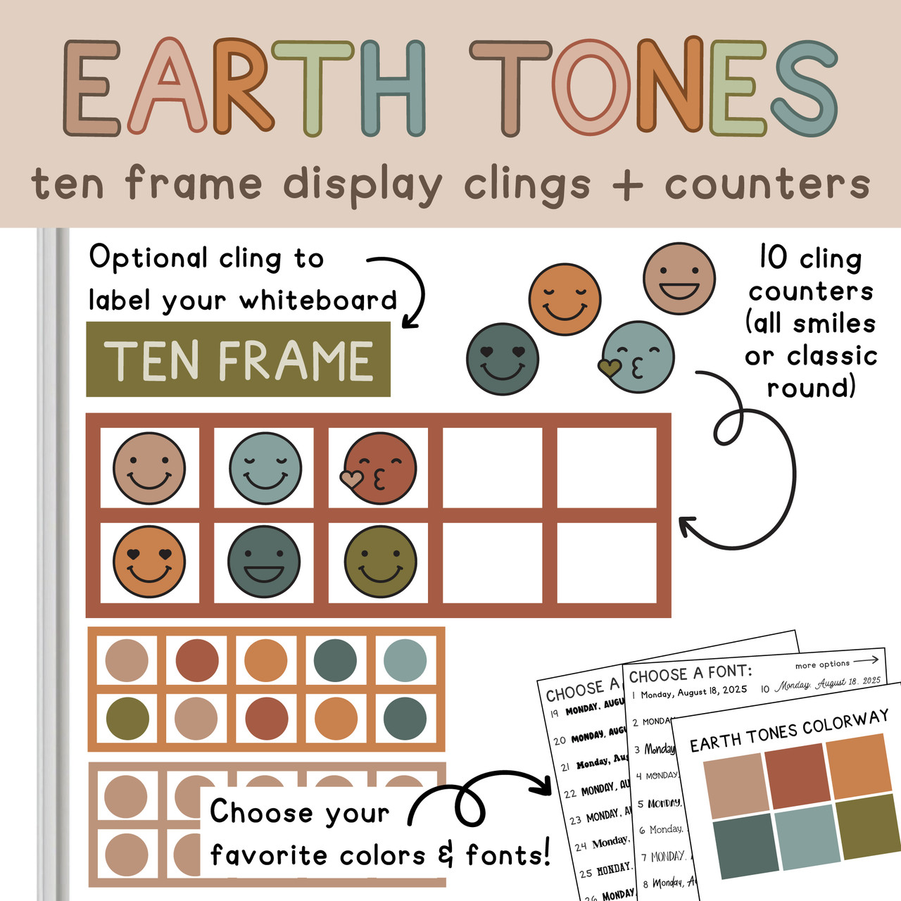 Earth Tones Ten Frame Whiteboard Cling + Counters