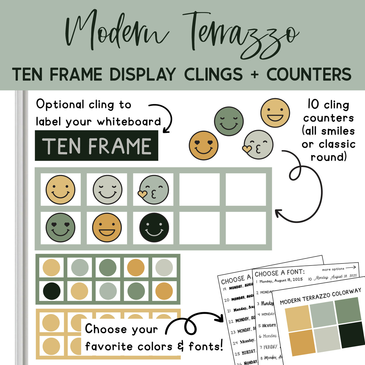 Modern Terrazzo Ten Frame Whiteboard Cling + Counters