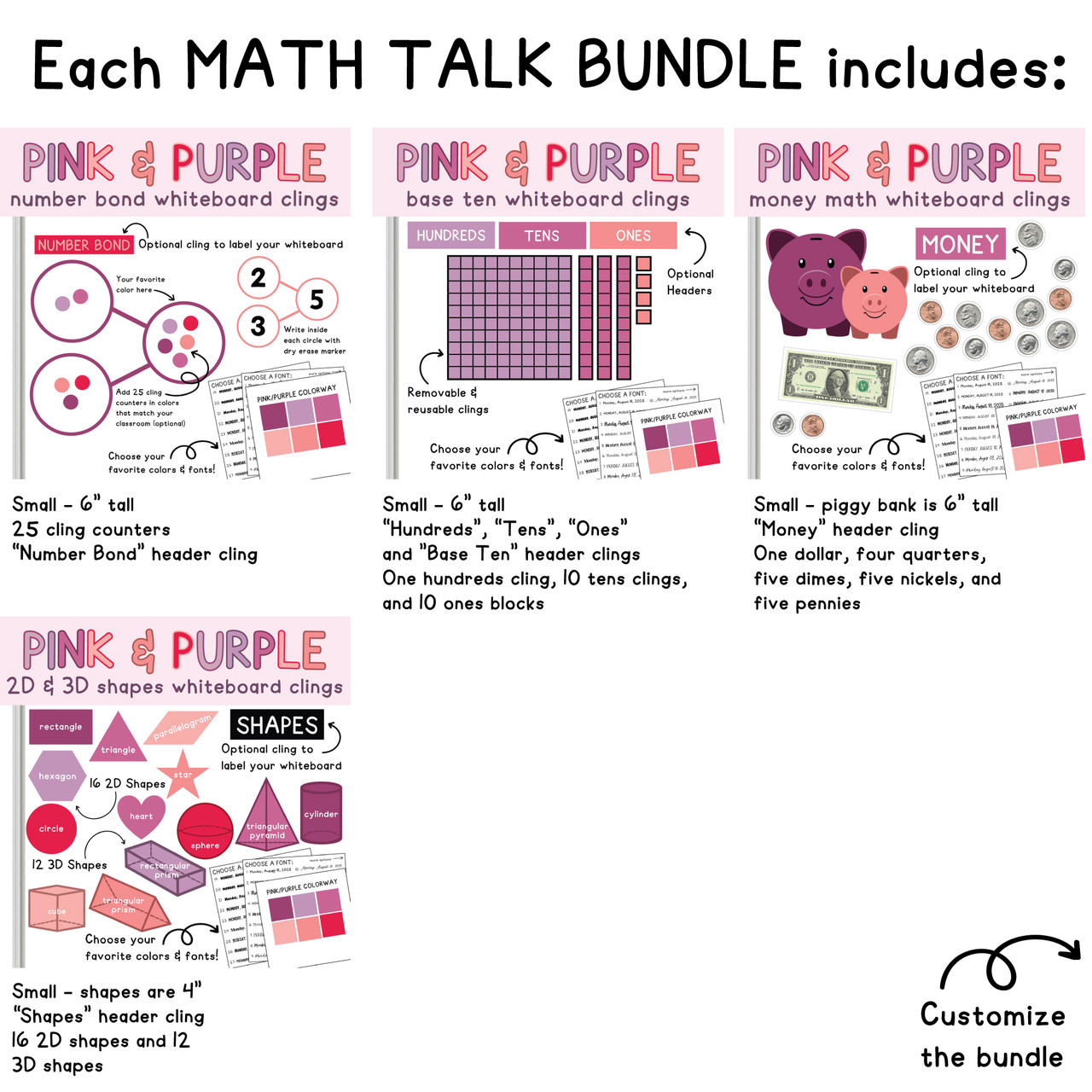 Pink and Purple Math Talk Whiteboard Bundle - Half Whiteboard