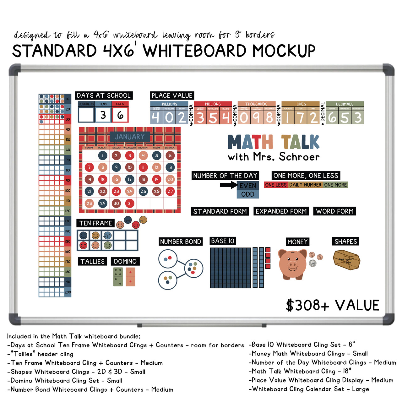 Varsity Stripes Math Talk Whiteboard Bundle - Full Whiteboard