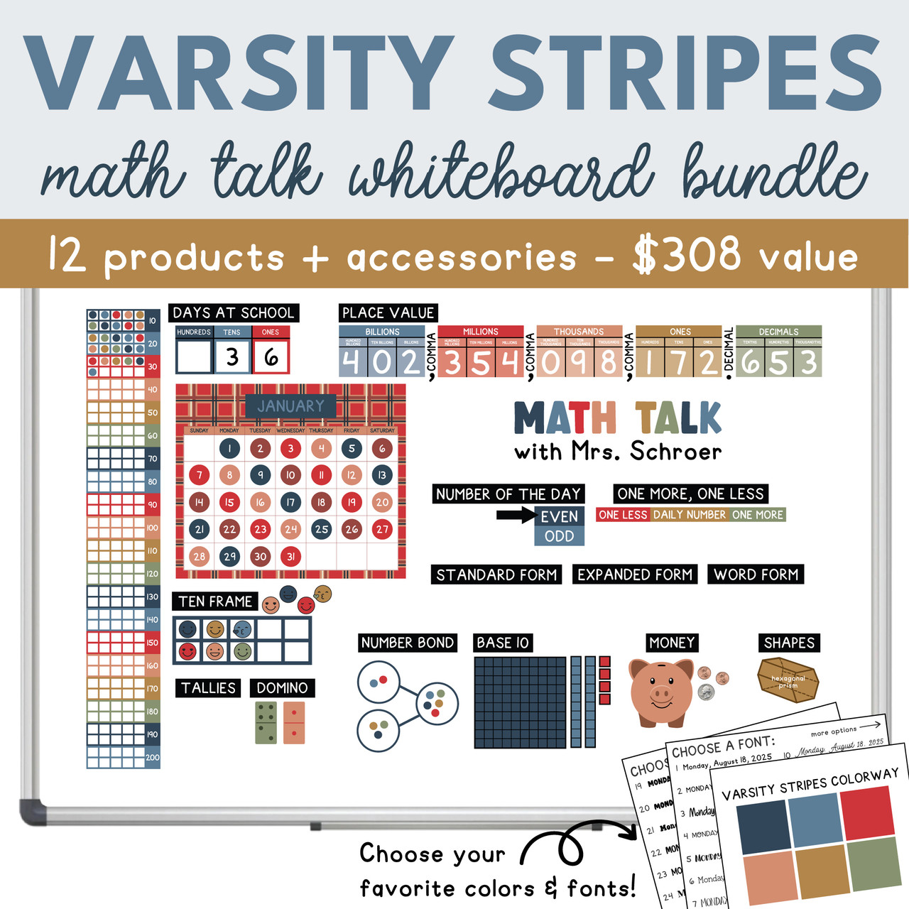 Varsity Stripes Math Talk Whiteboard Bundle - Full Whiteboard