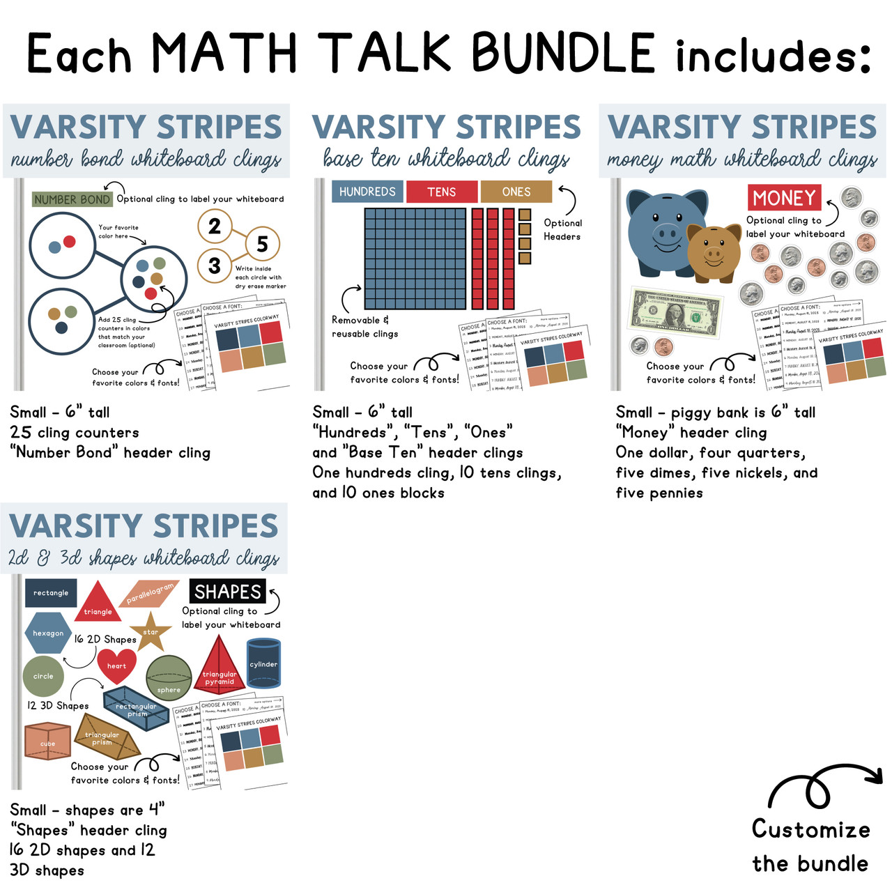 Varsity Stripes Math Talk Whiteboard Bundle - Half Whiteboard