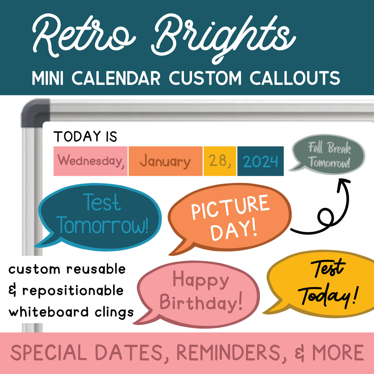 Retro Brights Mini Calendar Whiteboard Callout Clings