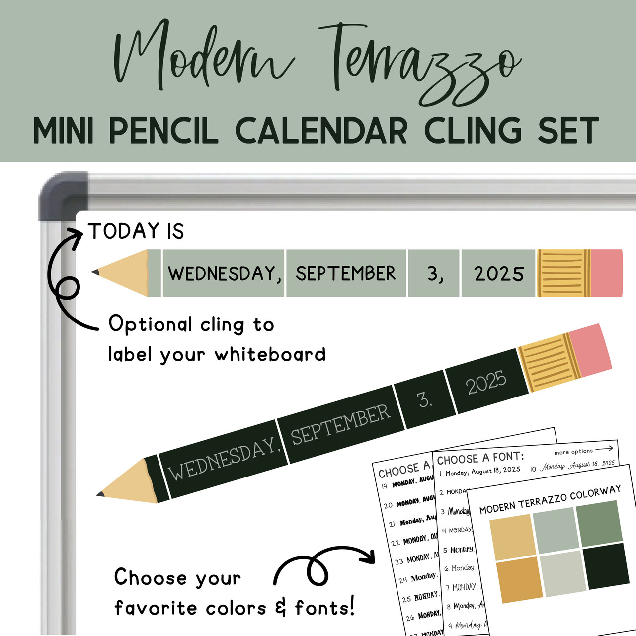 Modern Terrazzo Mini Pencil Calendar Whiteboard Cling Set