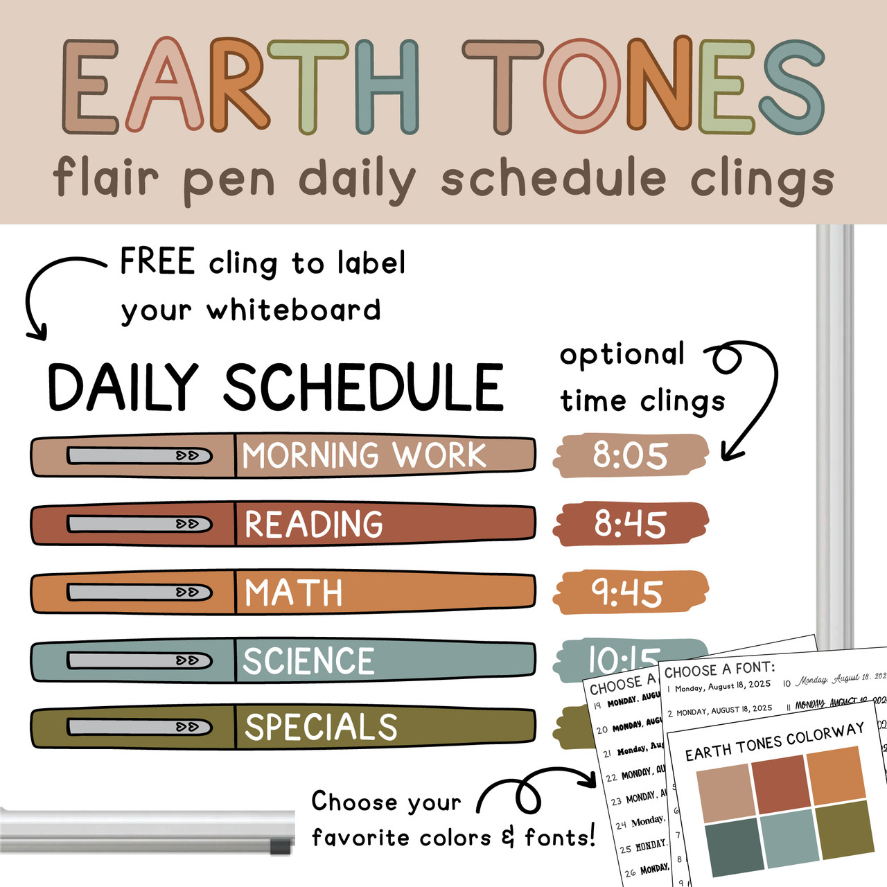 Earth Tones Flair Pen Daily Schedule Whiteboard Clings