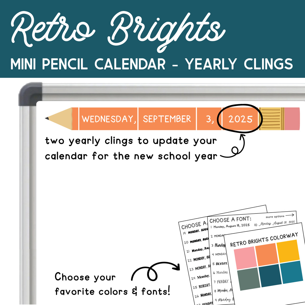 Retro Brights Pencil Calendar Whiteboard Cling Set - Years Only