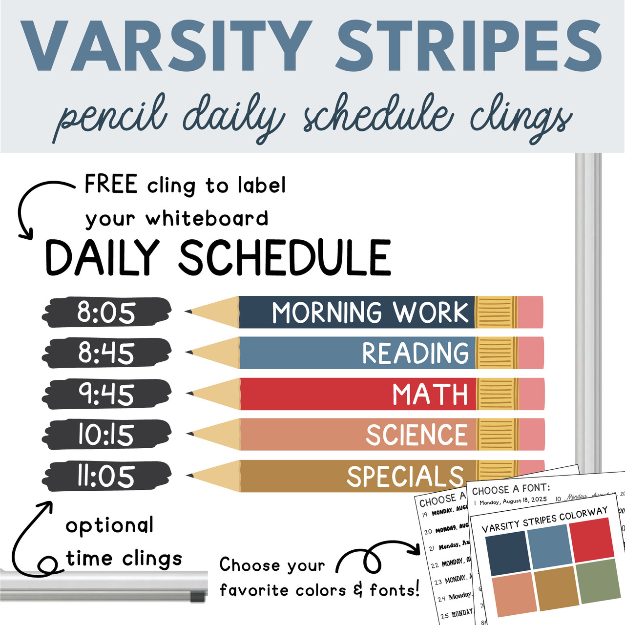 Varsity Stripes Pencil Daily Schedule Whiteboard Clings