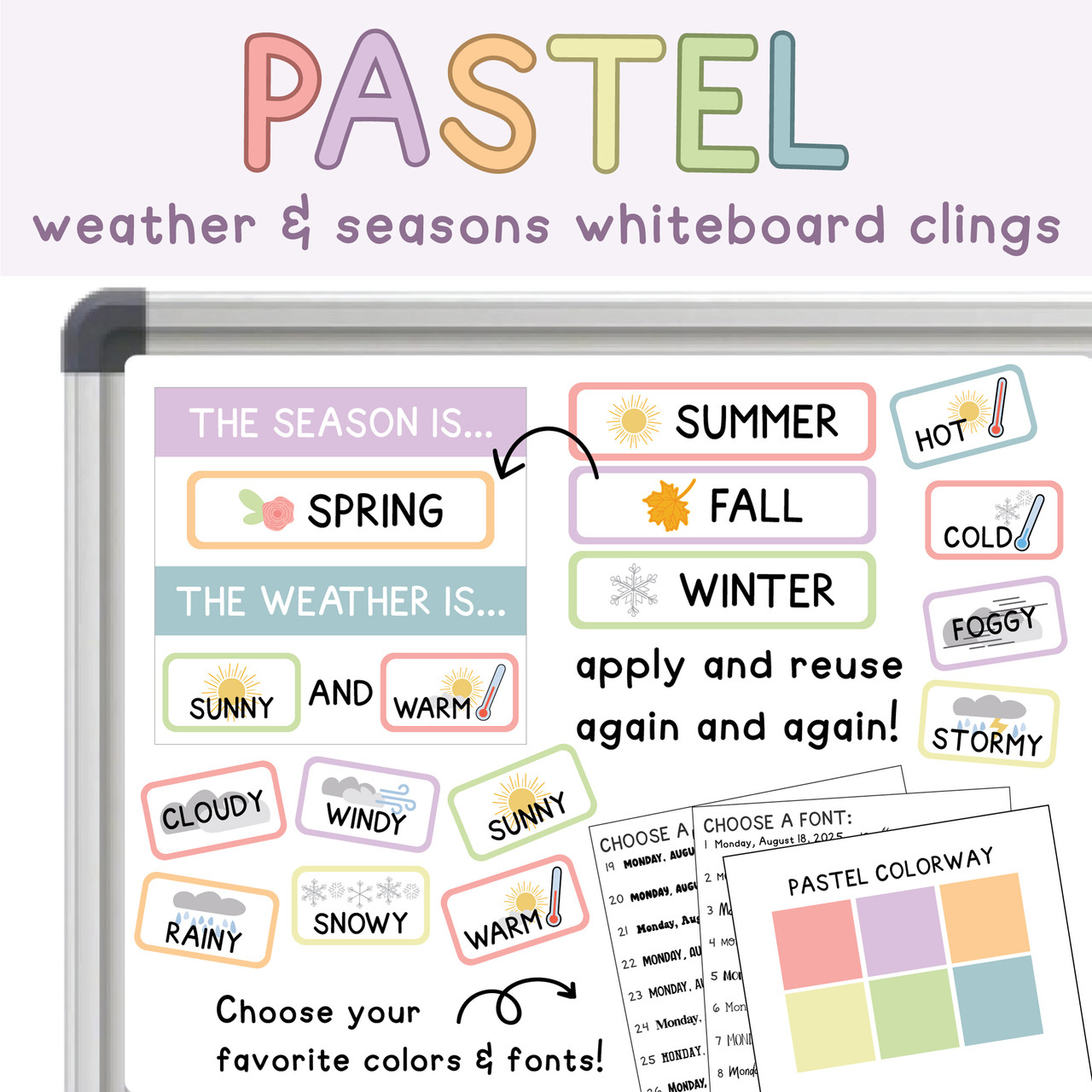 Pastel Weather and Seasons Whiteboard Clings