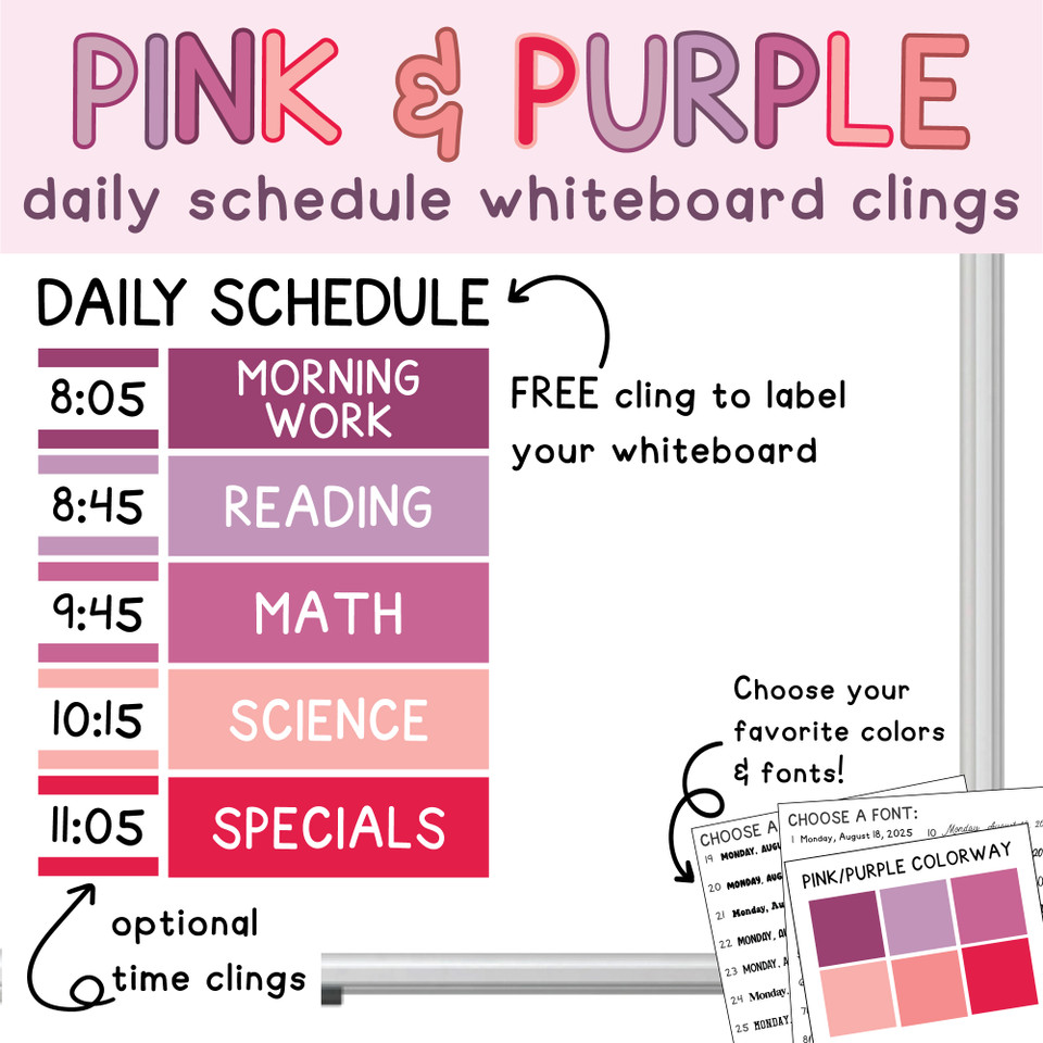 Pink and Purple Daily Schedule Whiteboard Clings