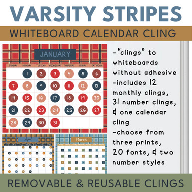 Varsity Stripes Plaid Whiteboard Cling Calendar Set