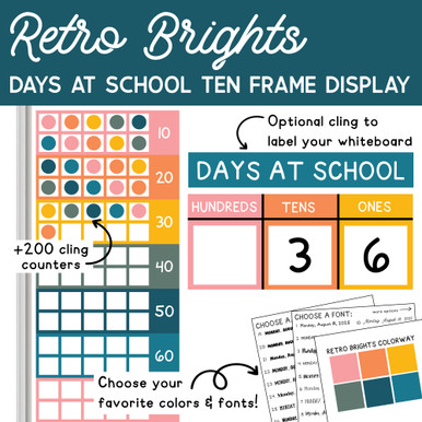 Retro Brights Days at School Ten Frame Whiteboard Clings + Counters ...