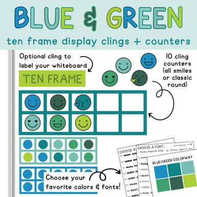 Blue and Green Ten Frame Whiteboard Cling + Counters
