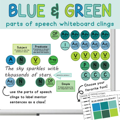 Blue and Green Parts of Speech Whiteboard Cling Set
