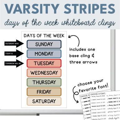 Varsity Stripes Days of the Week Whiteboard Clings and Arrows