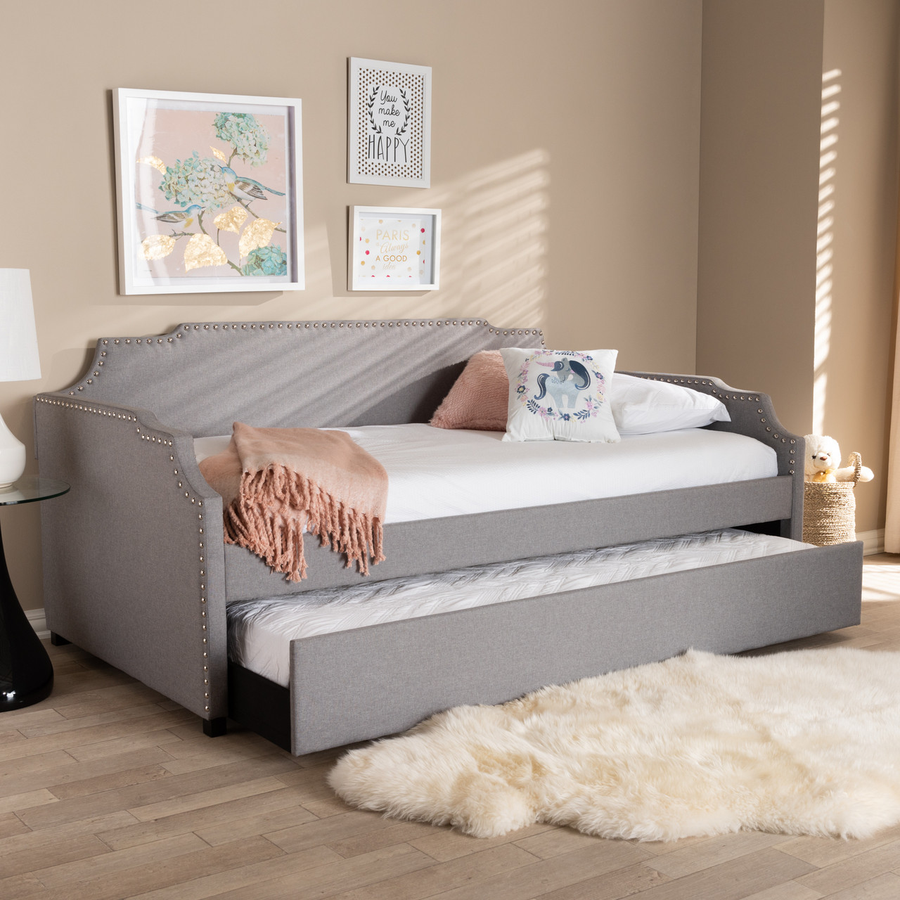 Baxton Studio Ally Modern and Contemporary Grey Fabric Upholstered Twin Size Sofa Daybed with Roll Out Trundle Guest Bed