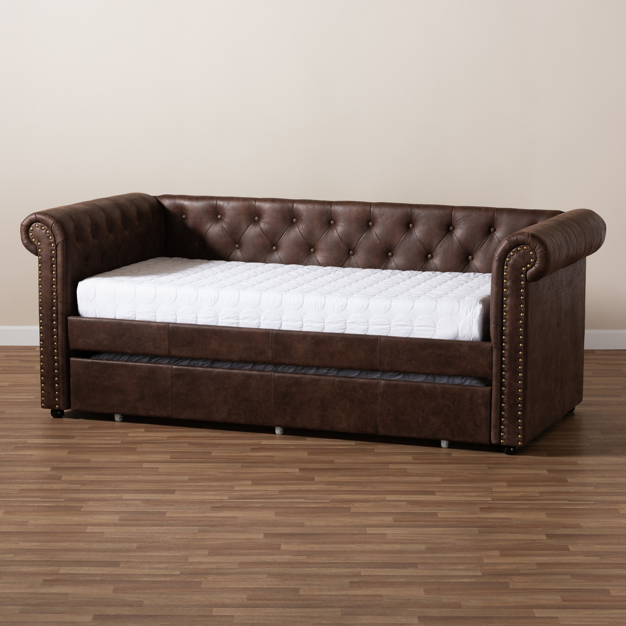 Baxton Studio Mabelle Modern and Contemporary Brown Faux Leather Upholstered Daybed with Trundle DealBeds