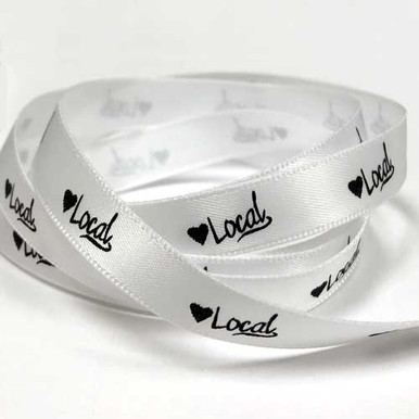 Love Local™ Satin Ribbon White with black print 3/8" x 100 yds - Retail ...