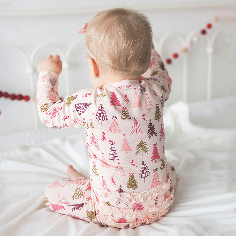 Cozy Romper with Ruffles - Pink Trees - [Wholesale]Stephan Baby