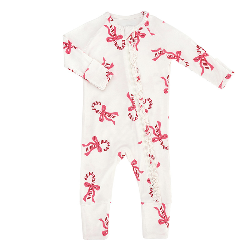 Cozy Romper with Ruffles - Candy Canes - [Wholesale]Stephan Baby