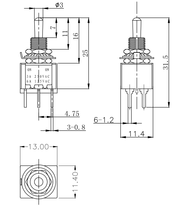 DPDT On Off On Switch - PCB Mount - Short Shaft - Love My Switches