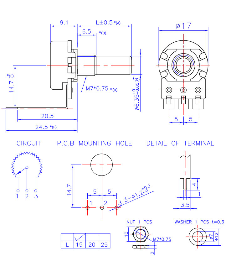 Long Pin PCB Mount Potentiometer | With 1/4" Smooth Shaft