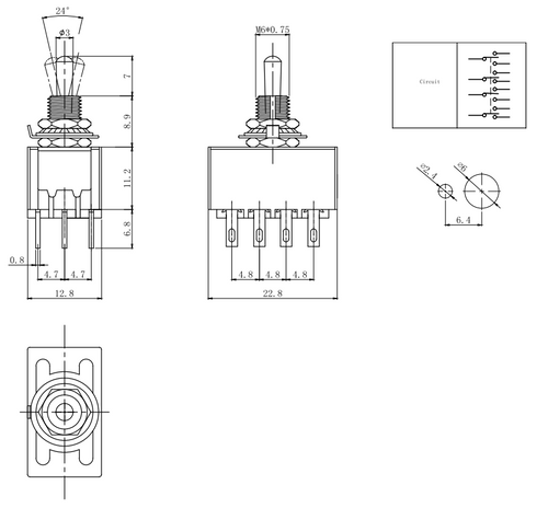 4PDT On Off On Switch - Solder Lug - Short Shaft - Love My Switches
