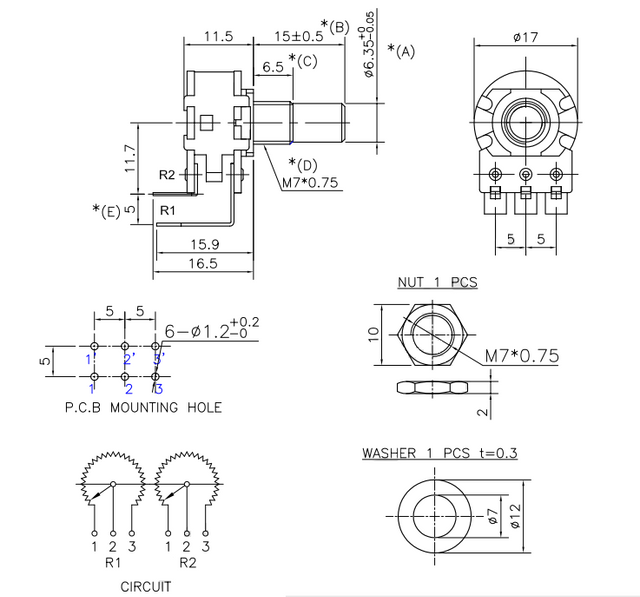 Dual Gang Potentiometer for Stereo Signal | PCB Mount