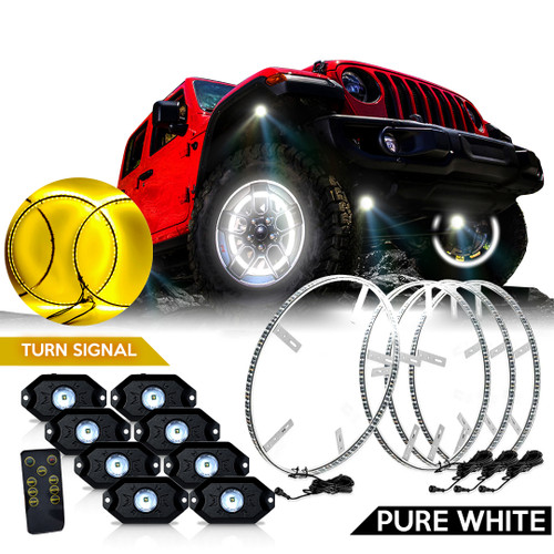 LED Wheel Light Kit White with Amber Signal and 8 Rock Lights Wireless ...
