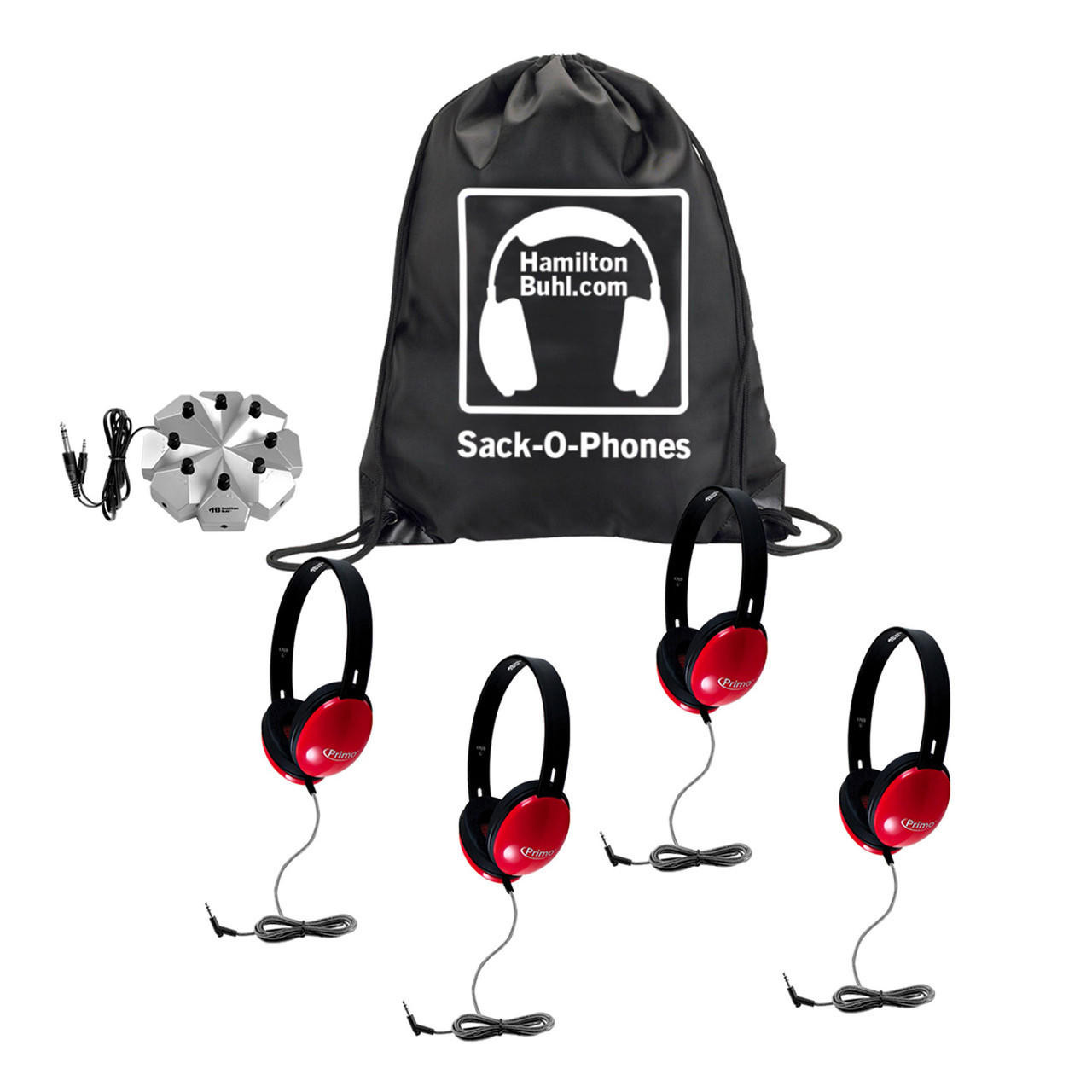 HamiltonBuhl Sack-O-Phones with 4 Red Primo Headphones and 3.5mm Jackbox