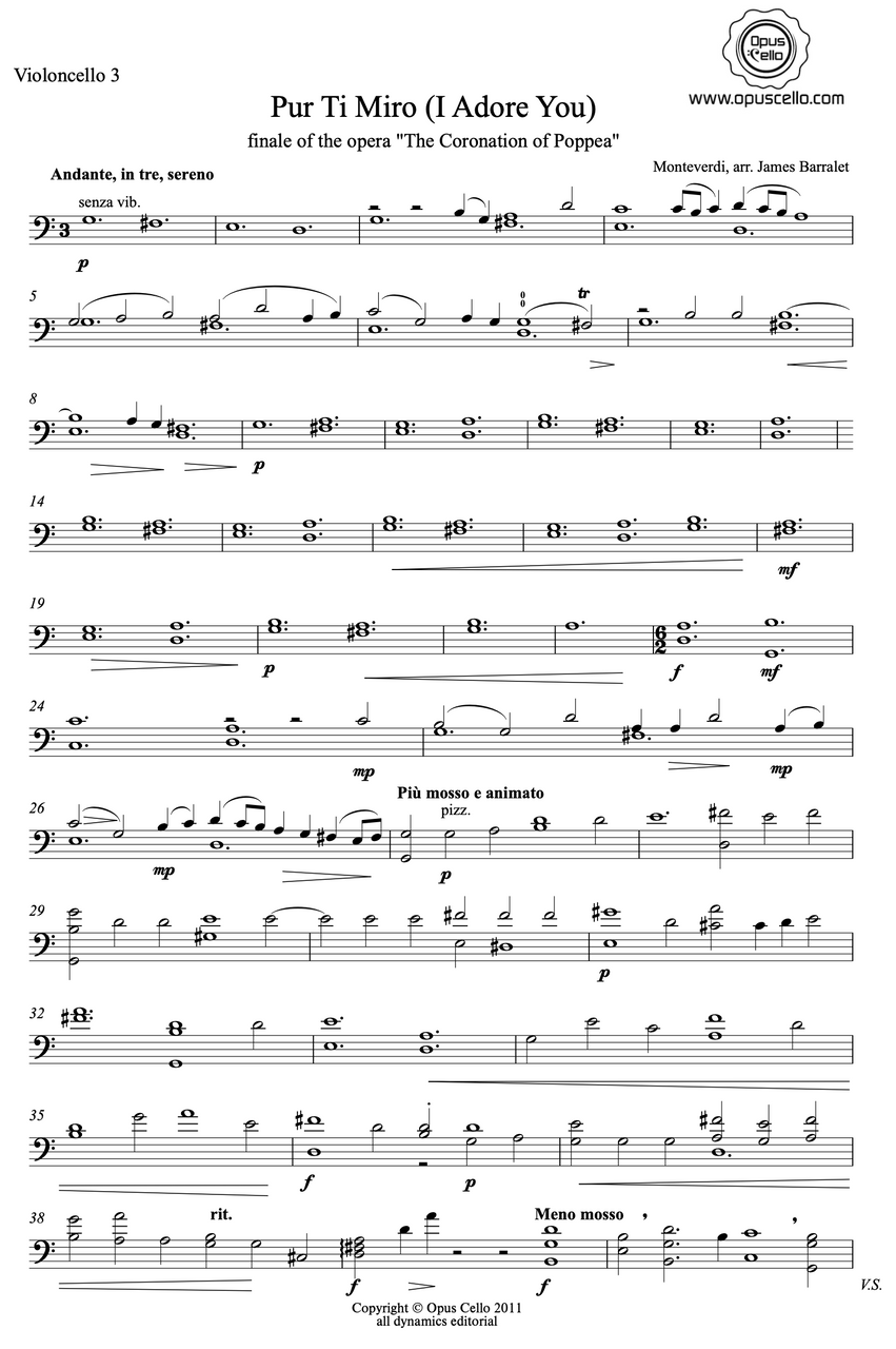 Claudio Monteverdi Pur Ti Miro For 4 Cellos Opuscello