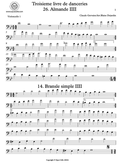 Claude GERVAISE, Four Dances from Third Book for 4 Cellos - OpusCello