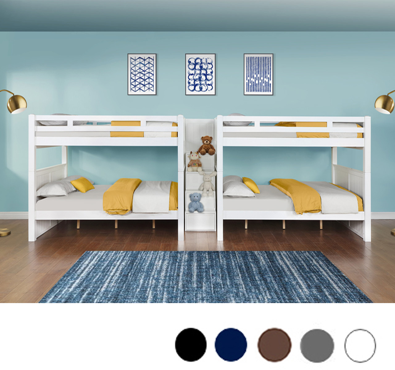 Dillon Quadruple Queen Bunk Bed w Stairs White Gray Blue