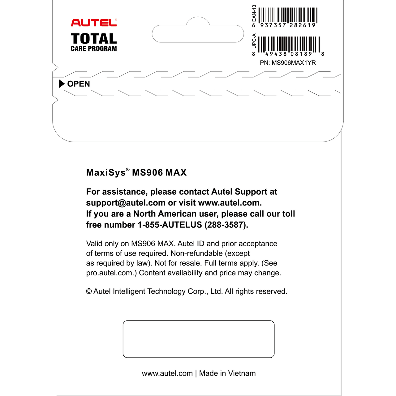 Autel Total Care Program (TCP) Card for MS906MAX (MS906MAX1YR)
